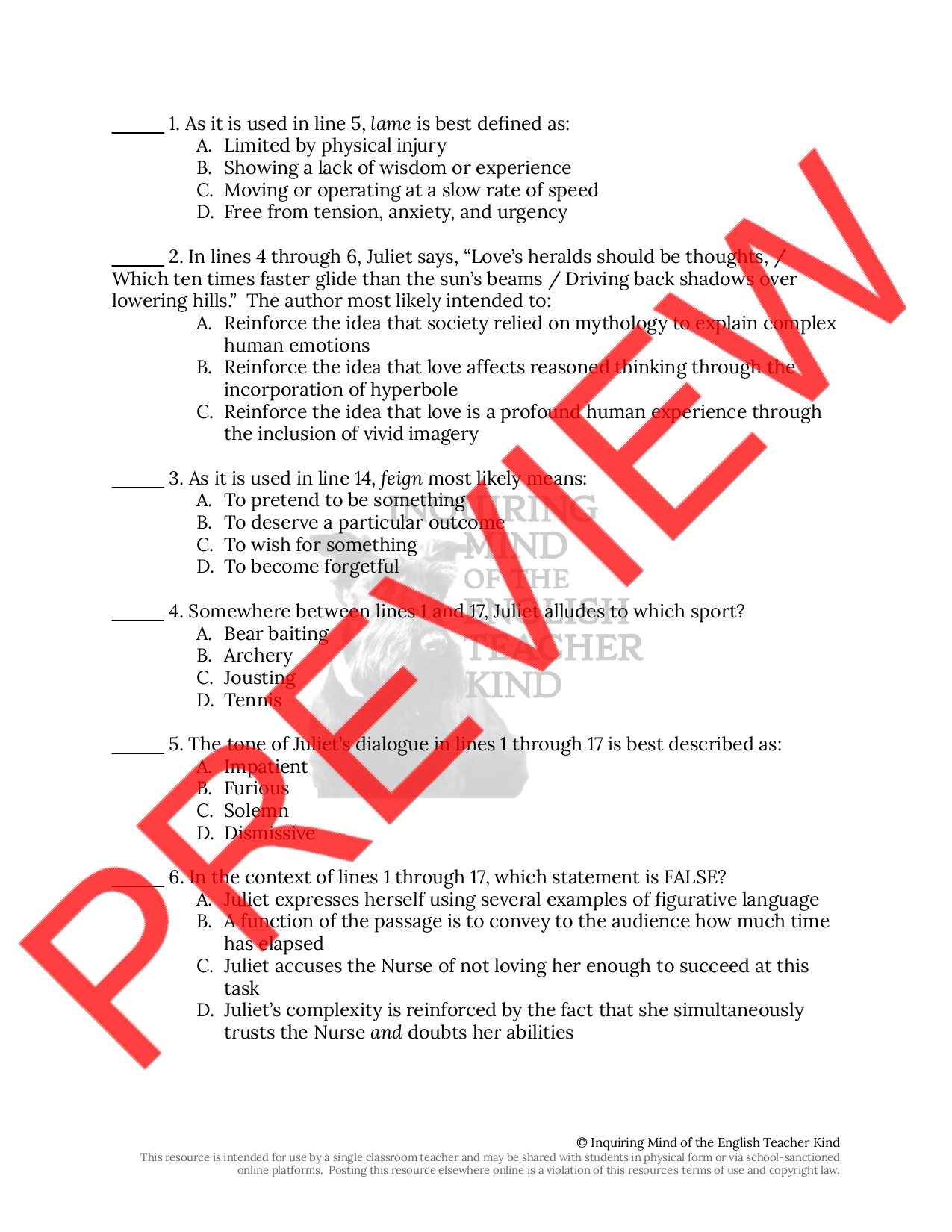 Romeo and Juliet Act 2 Scene 5 Close Reading Worksheet | Teaching Resources