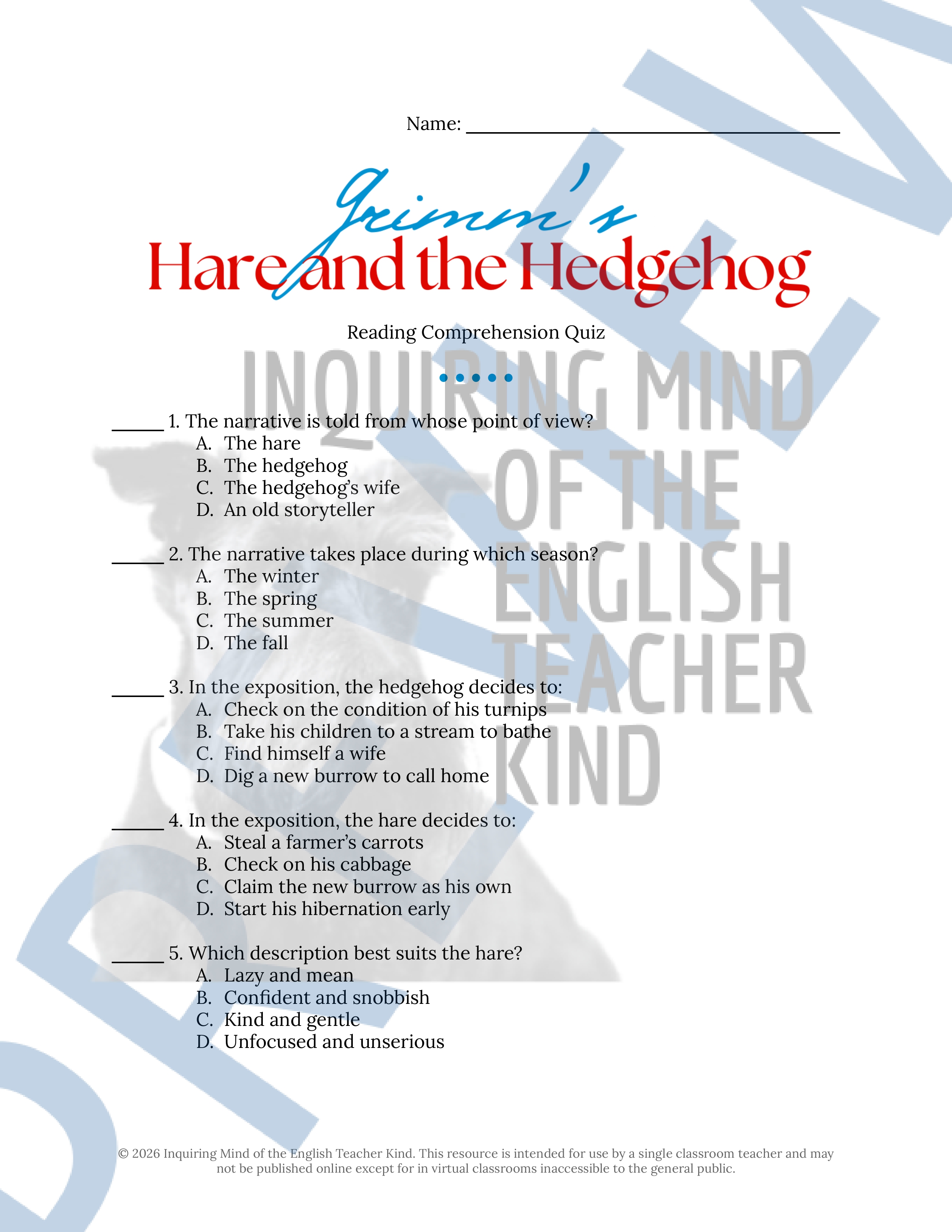 "The Hare and the Hedgehog" Quiz and Answer Key | Grimm's Fairy Tale ...