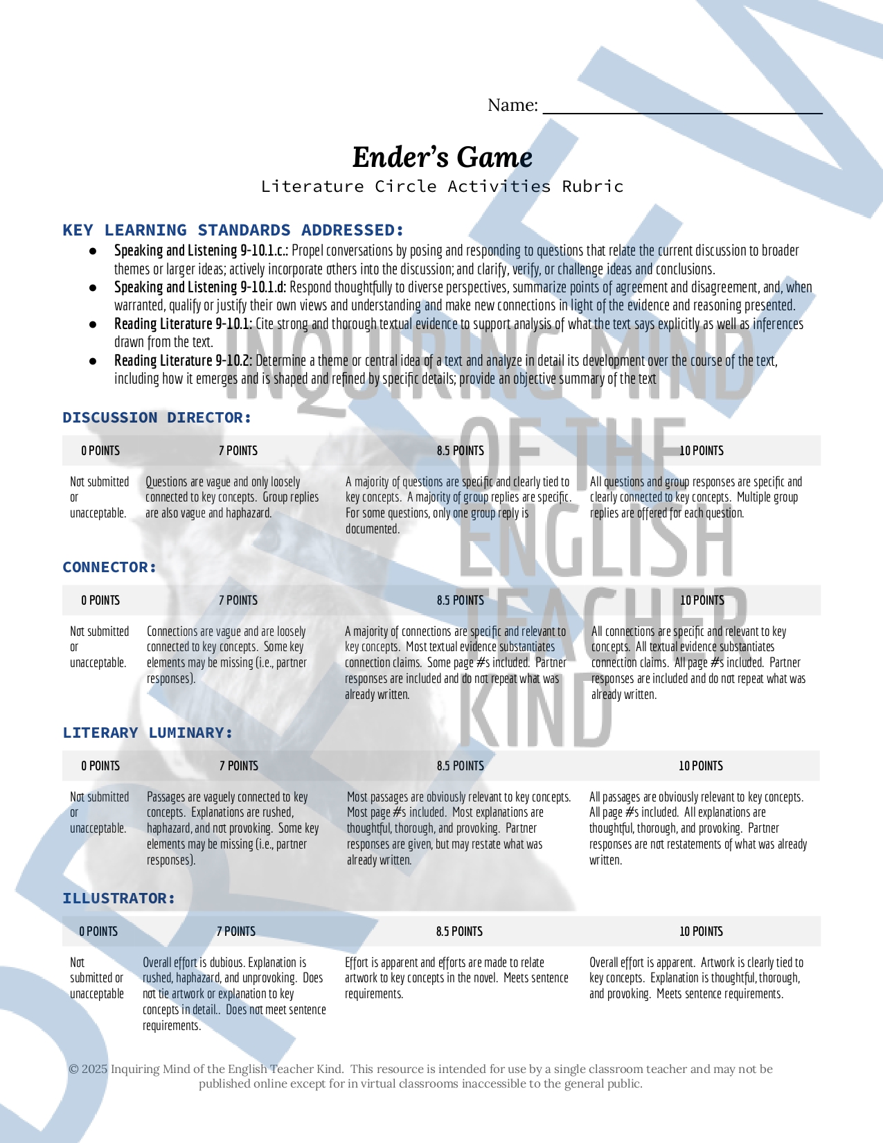 Ender's Game by Orson Scott Card Collaborative Literature Circle ...