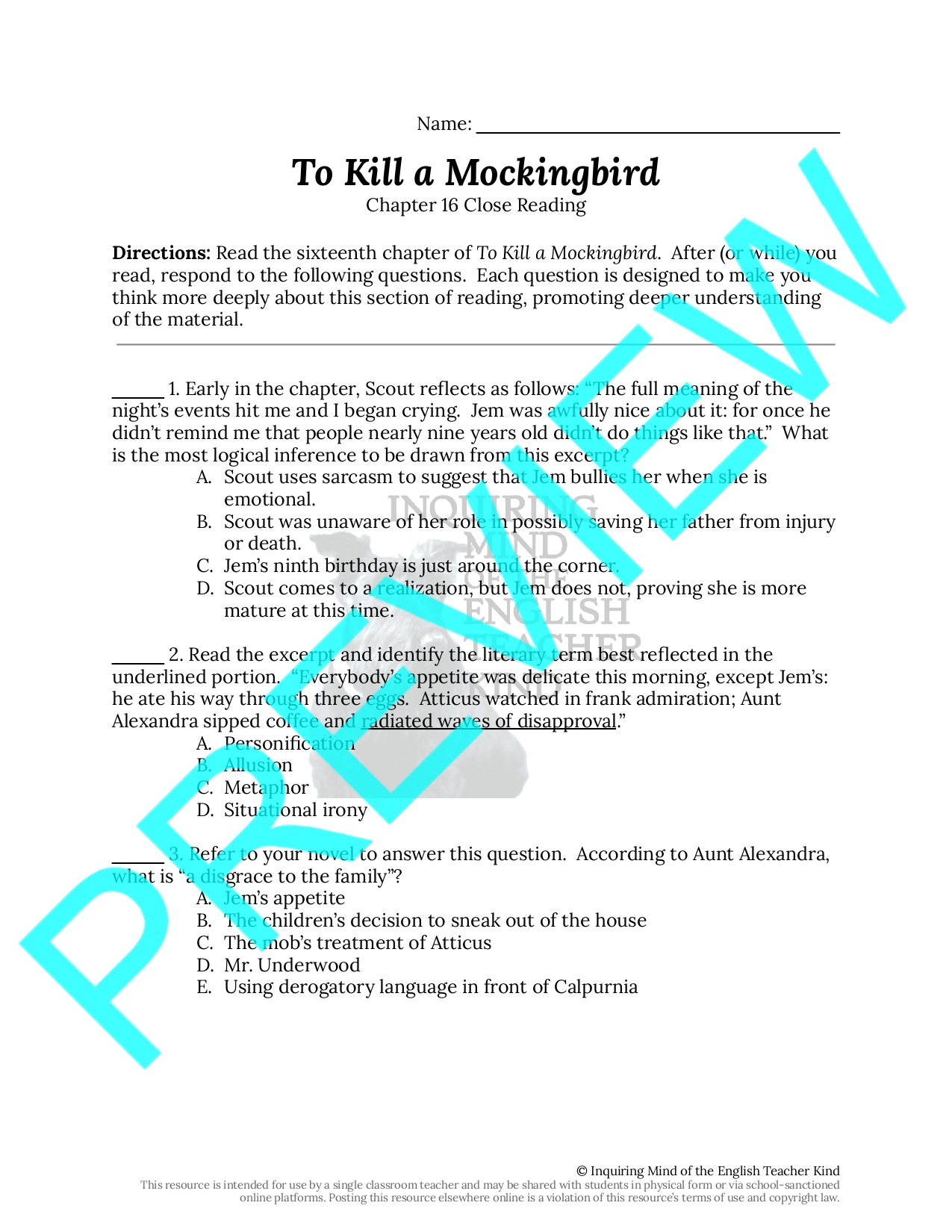 To Kill a Mockingbird Chapter 16 Close Reading Worksheet | Teaching ...