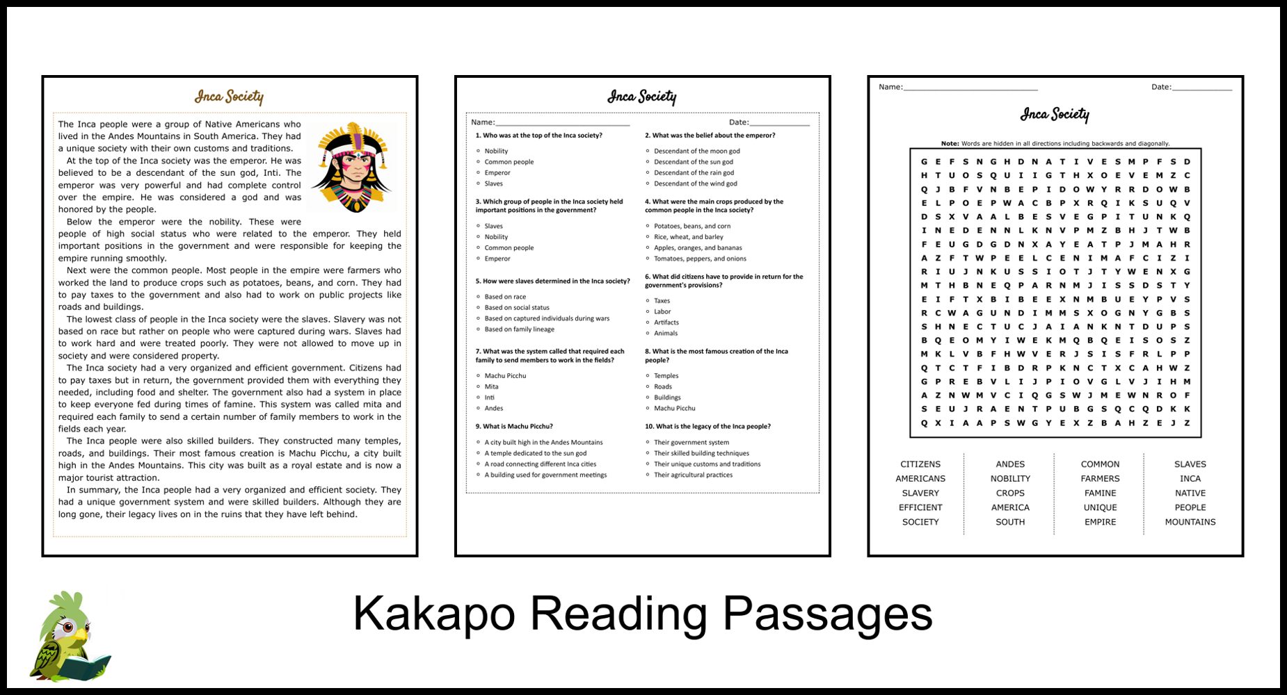 Inca Society Reading Comprehension and Word Search | Teaching Resources