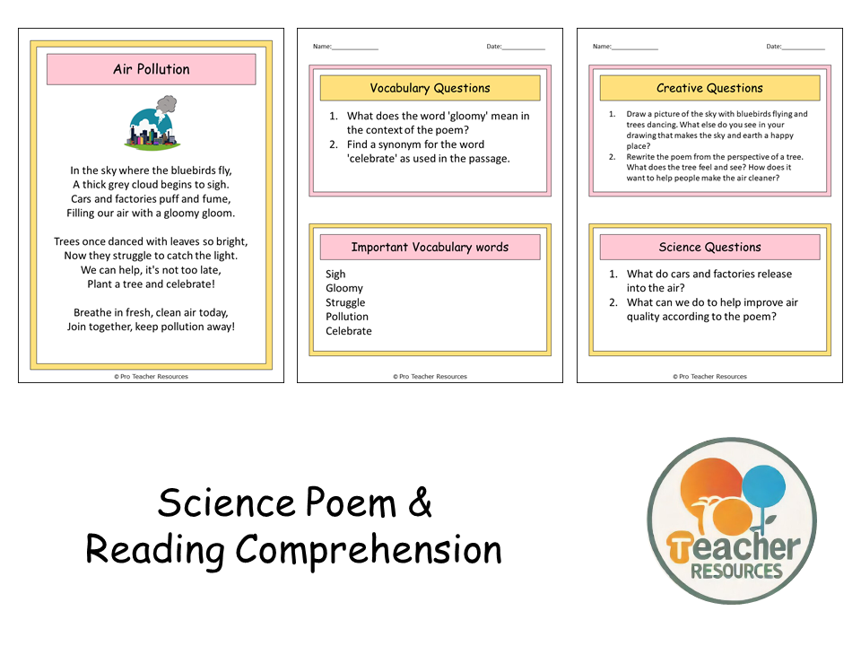 Air Pollution Poem Reading Comprehension Questions Worksheet | Teaching ...