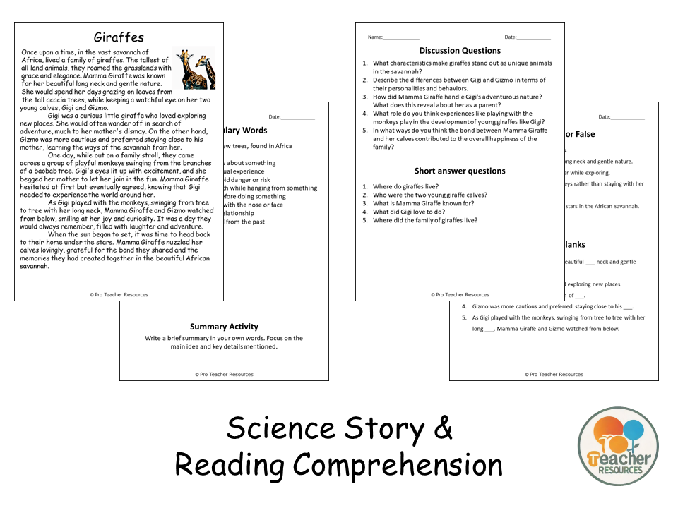 Giraffes Reading Science Story Comprehension Questions Worksheet ...