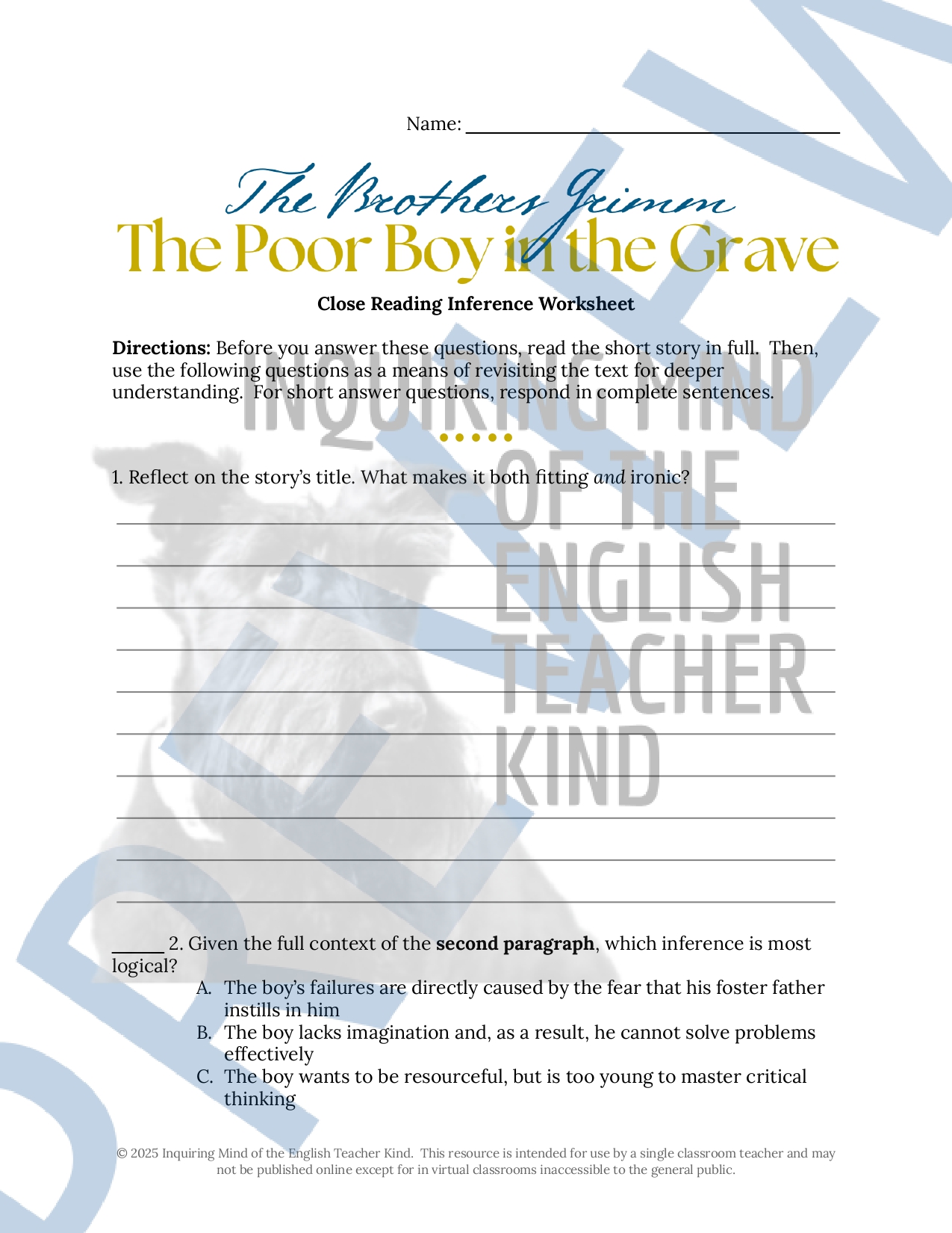 "The Poor Boy in the Grave" Close Reading Analysis Worksheet (Grimm's ...