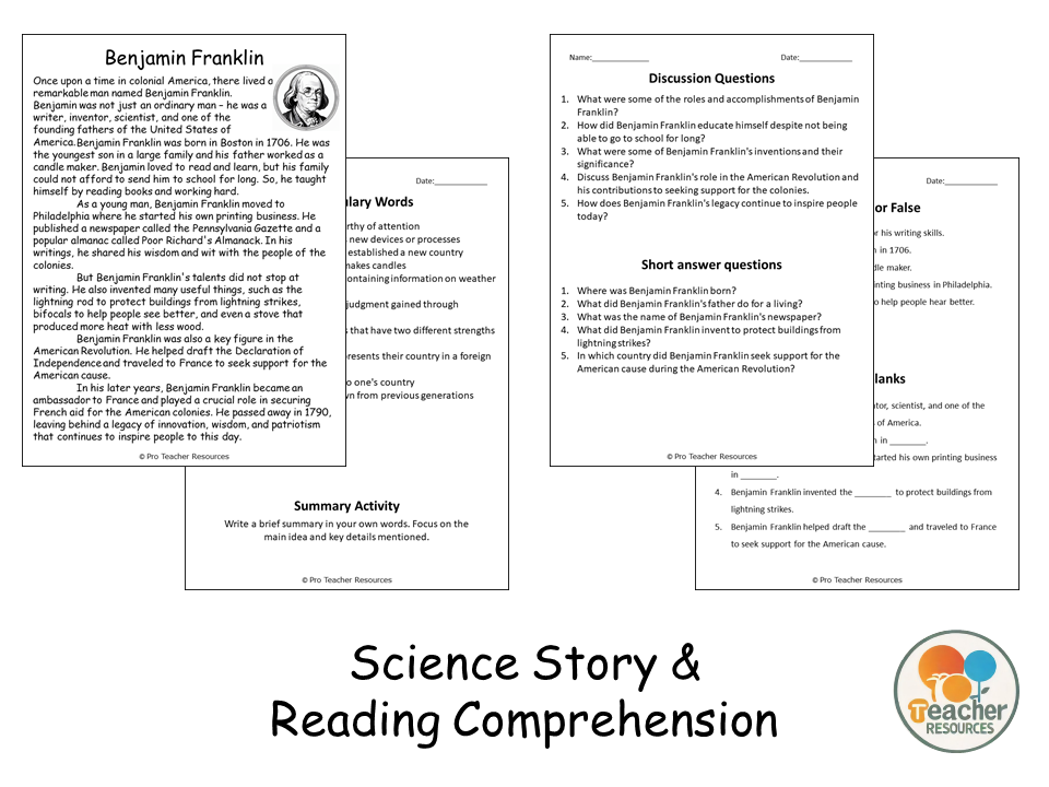 Benjamin Franklin Reading Science Story Comprehension Questions ...