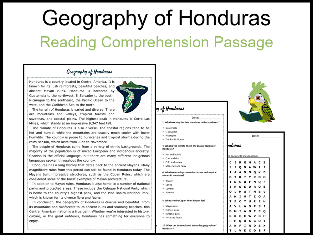 Geography of Honduras Reading Comprehension and Word Search | Teaching ...