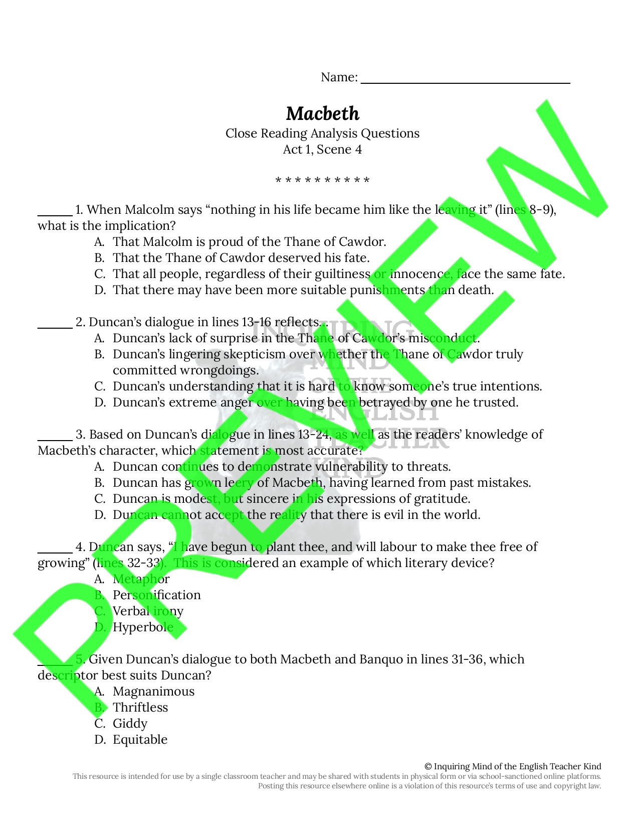 Macbeth Act 1 Scene 4 Close Reading Worksheet | Teaching Resources
