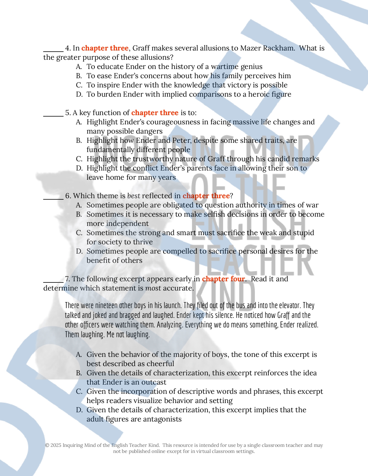 Ender's Game Chapters 3 and 4 Close Reading Analysis Worksheet ...