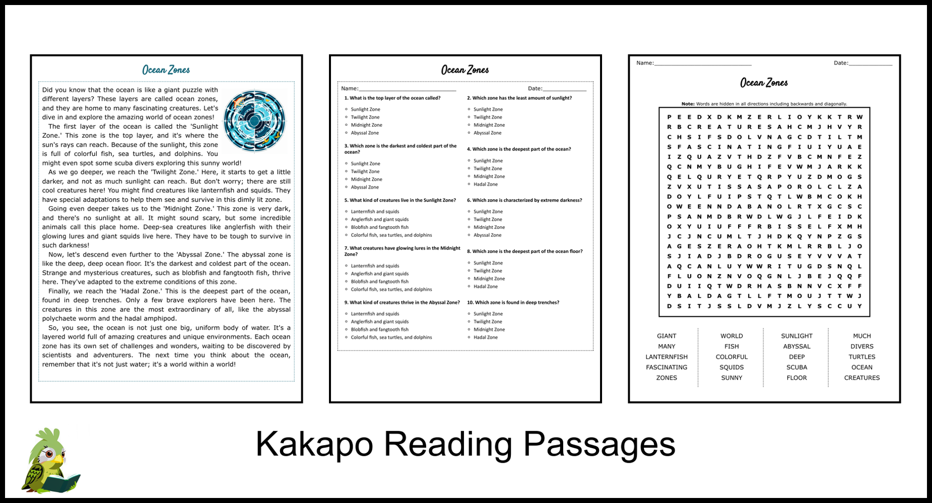 Ocean Zones Reading Comprehension and Word Search | Teaching Resources