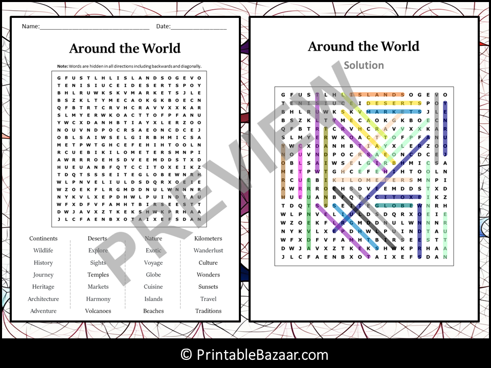 Around the World Word Search Puzzle Worksheet Activity | Teaching Resources