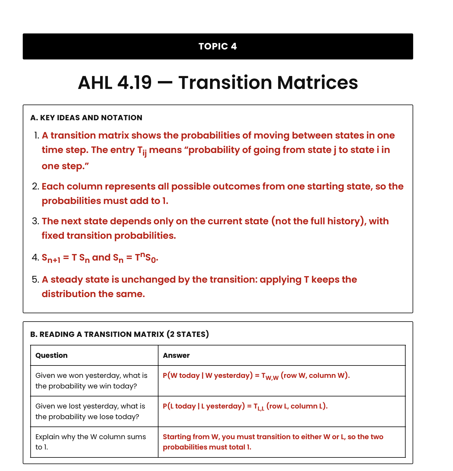 IB Math AI Worksheet AHL 4.19 - Transition Matrices | Teaching Resources