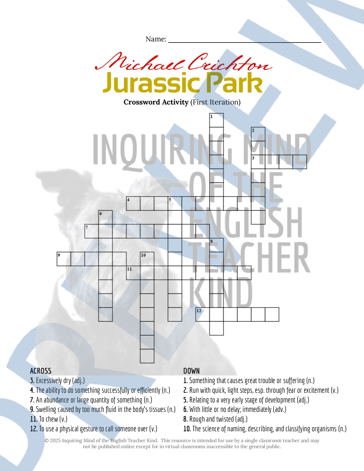 Jurassic Park by Michael Crichton Vocabulary Games (First Iteration ...