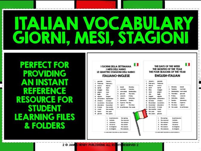ITALIAN DAYS MONTHS SEASONS REFERENCE LIST | Teaching Resources