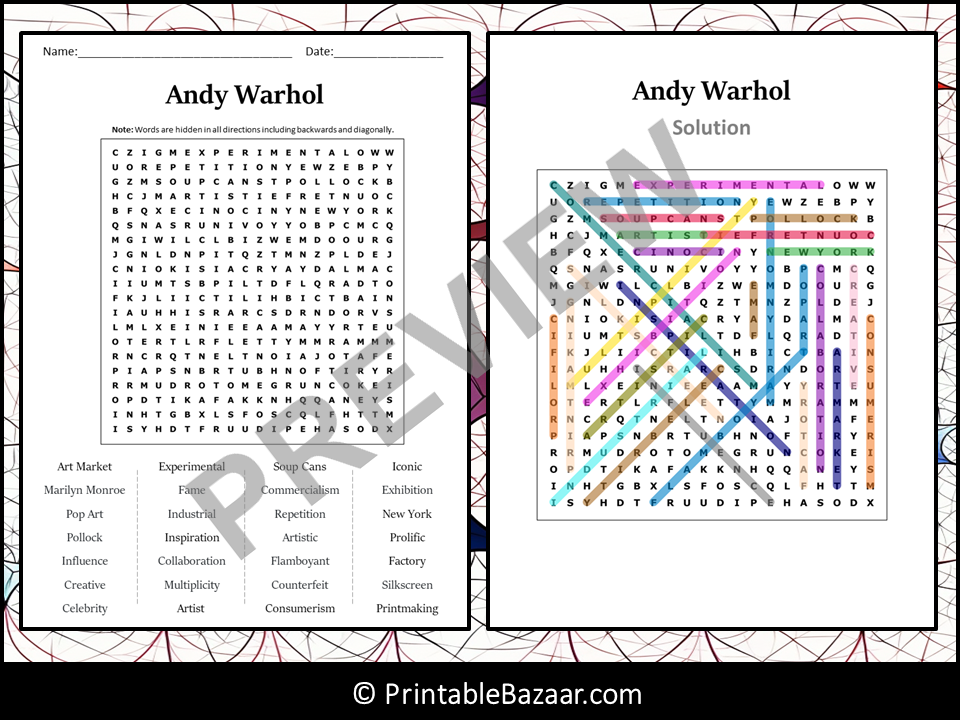 Andy Warhol Word Search Puzzle Worksheet Activity | Teaching Resources