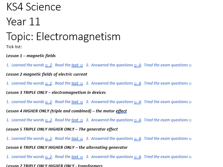 Aqa Physics Electromagnetism Independent Work Booklet Teaching Resources