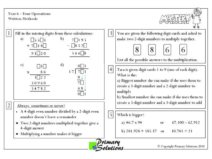 Mastery Maths Year 6 Reasoning Four Operations Teaching Resources