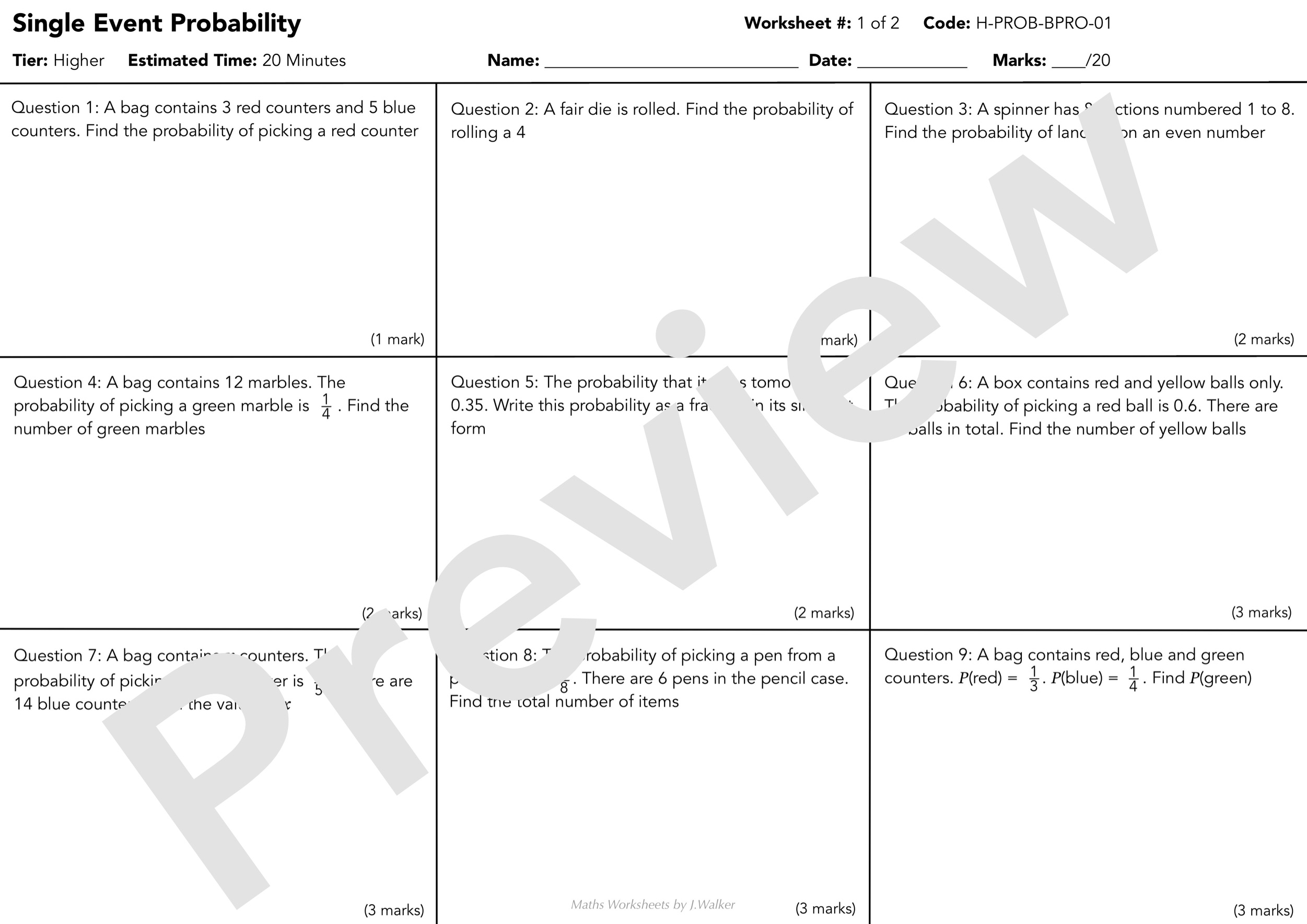 GCSE Maths Worksheet: Single Event Probability - Higher Tier | Teaching ...
