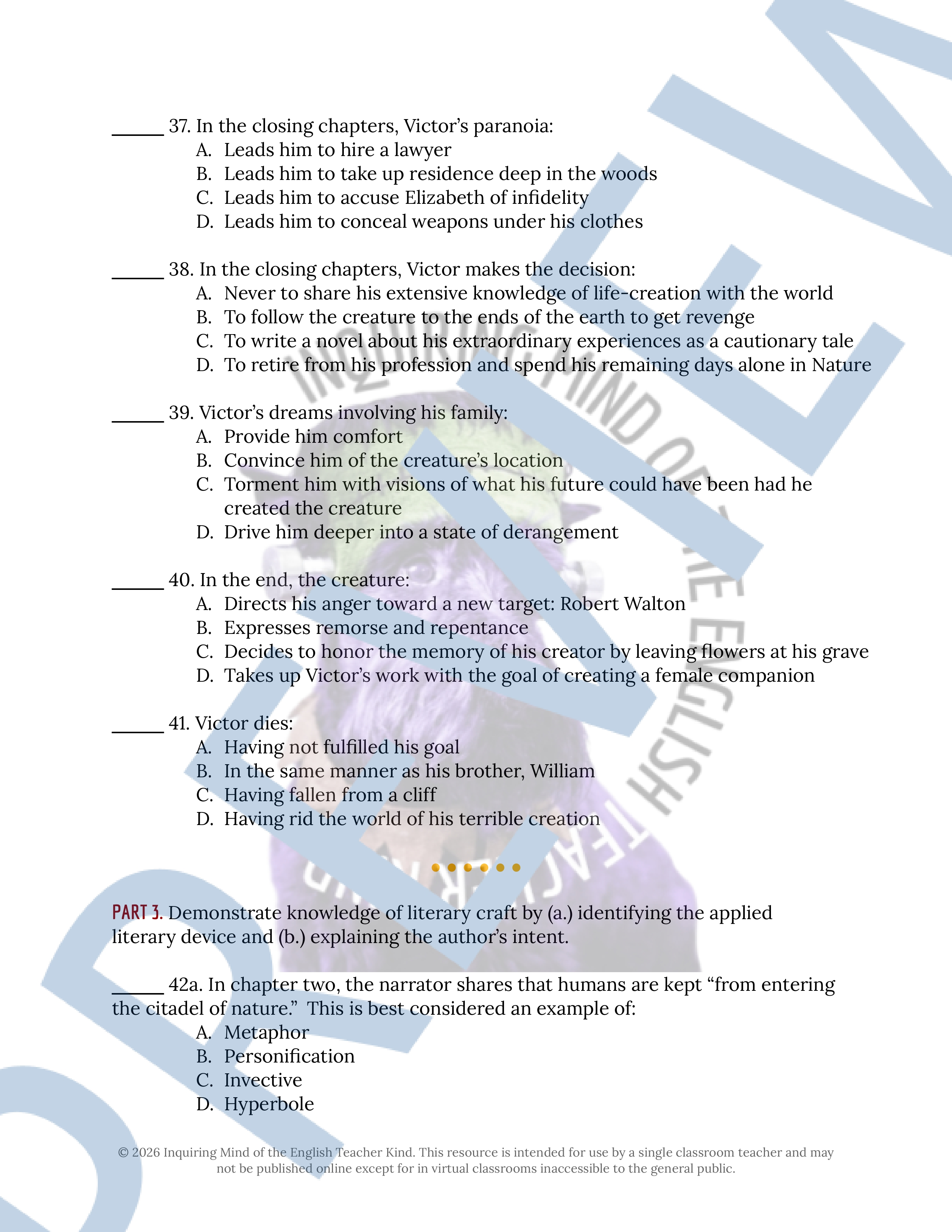 Frankenstein by Mary Shelley Test, Answer Key & Study Guide for High ...