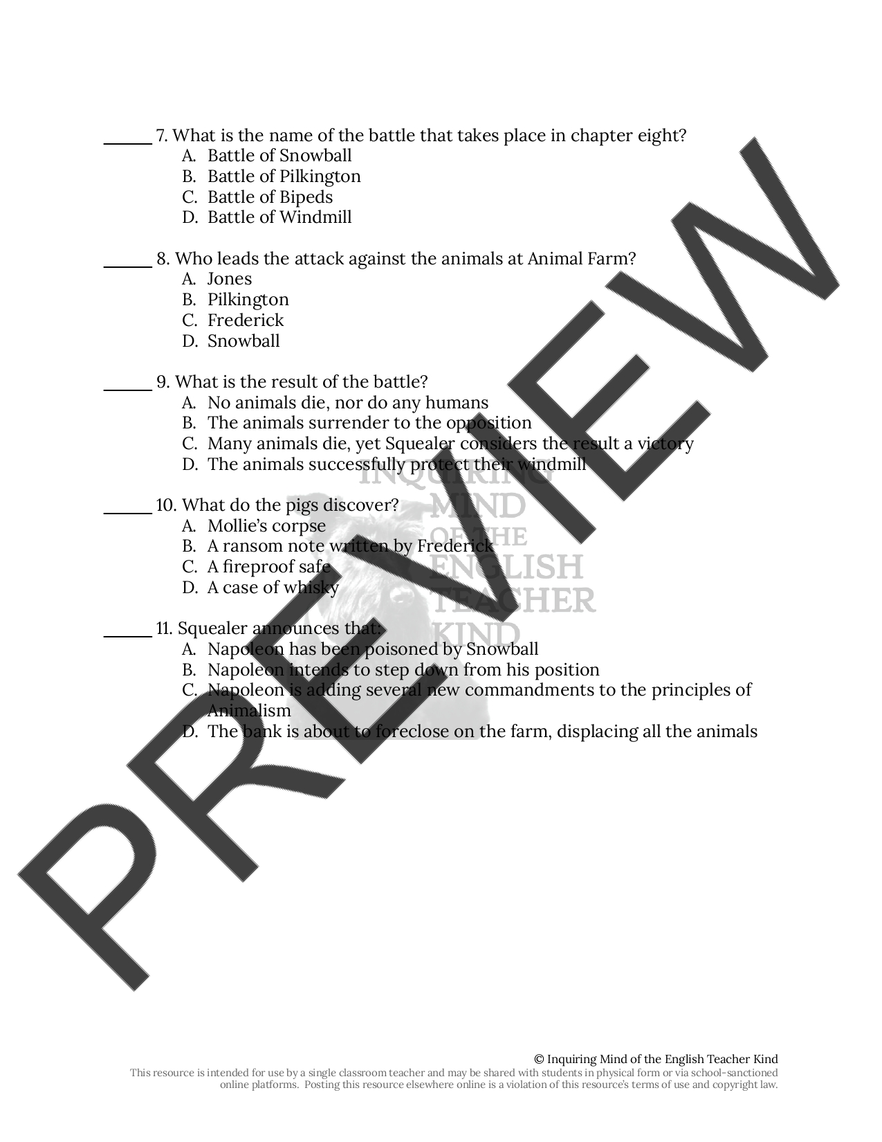 Animal Farm Chapter 8 Quiz and Answer Key | Teaching Resources