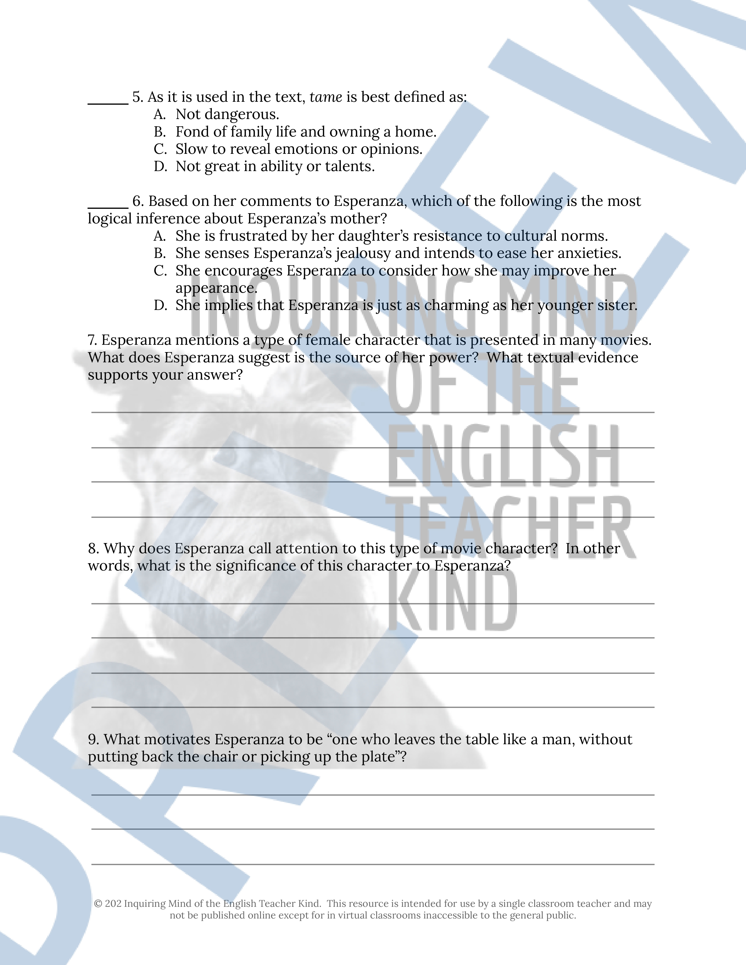 The House on Mango Street "Beautiful and Cruel" Inference Worksheet ...
