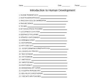 Introduction to Human Development Word Scramble for Human Development ...