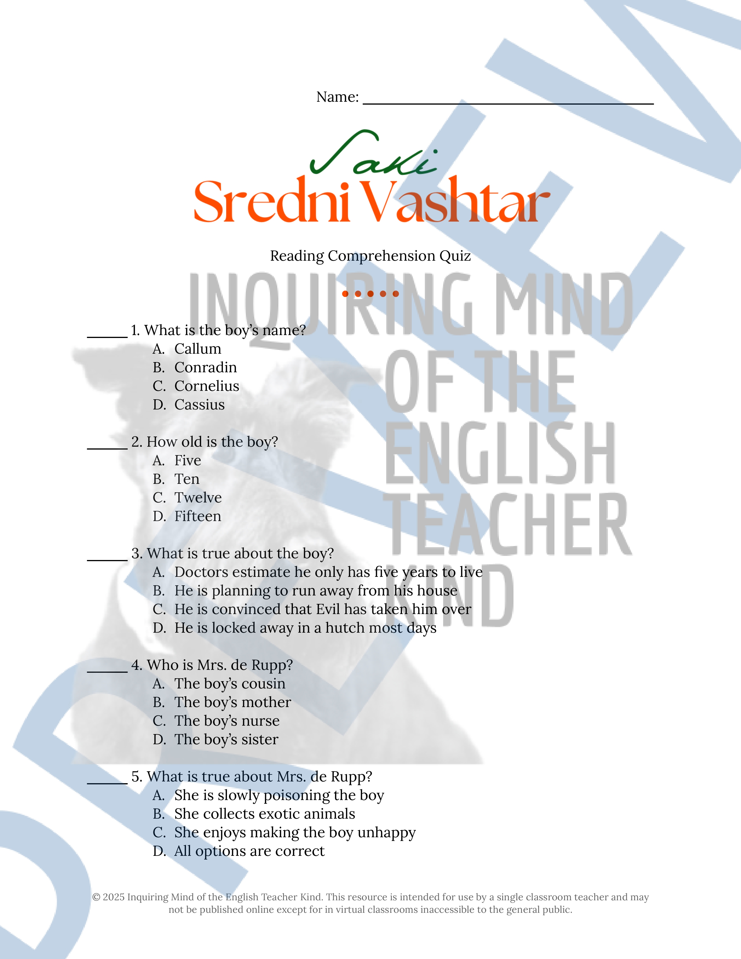 "Sredni Vashtar" by Saki Quiz and Answer Key (Short Story for Halloween ...