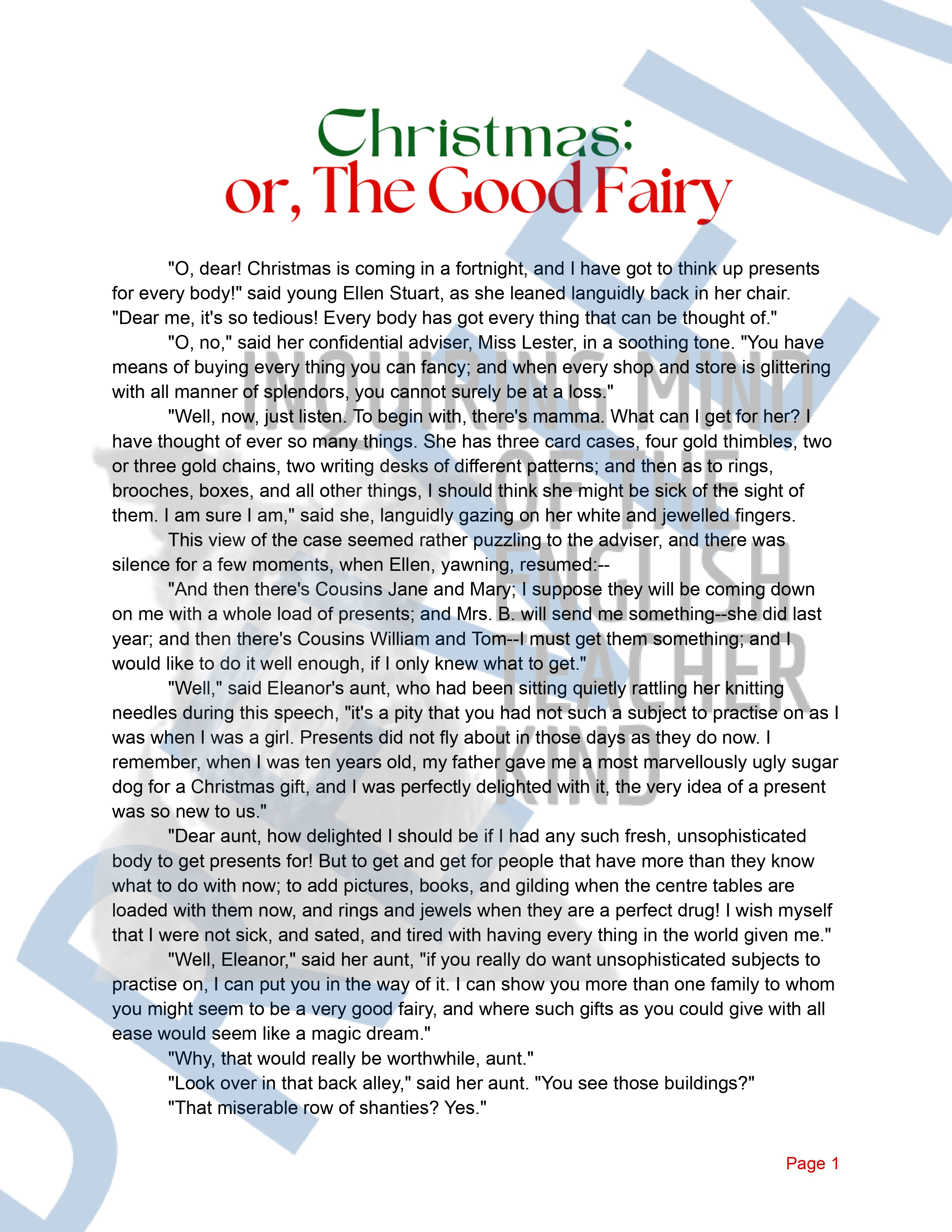 "Christmas; or, The Good Fairy" by Harriet Beecher Stowe Quiz and ...