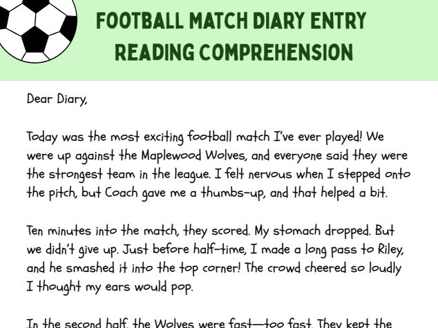 Football Diary Reading Comprehension (7-9) | Teaching Resources
