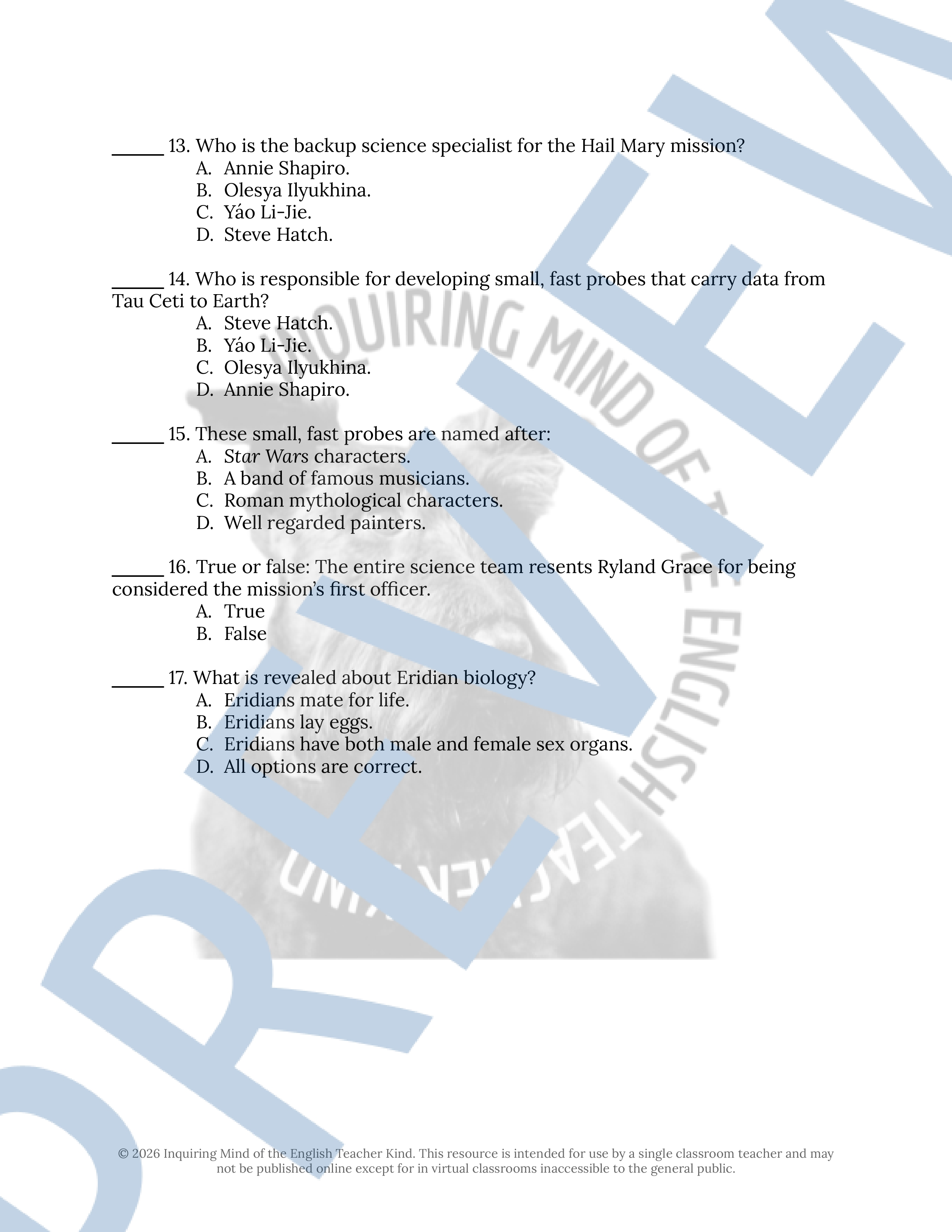 Project Hail Mary Chapters 16, 17, and 18 Quiz and Answer Key | Science ...