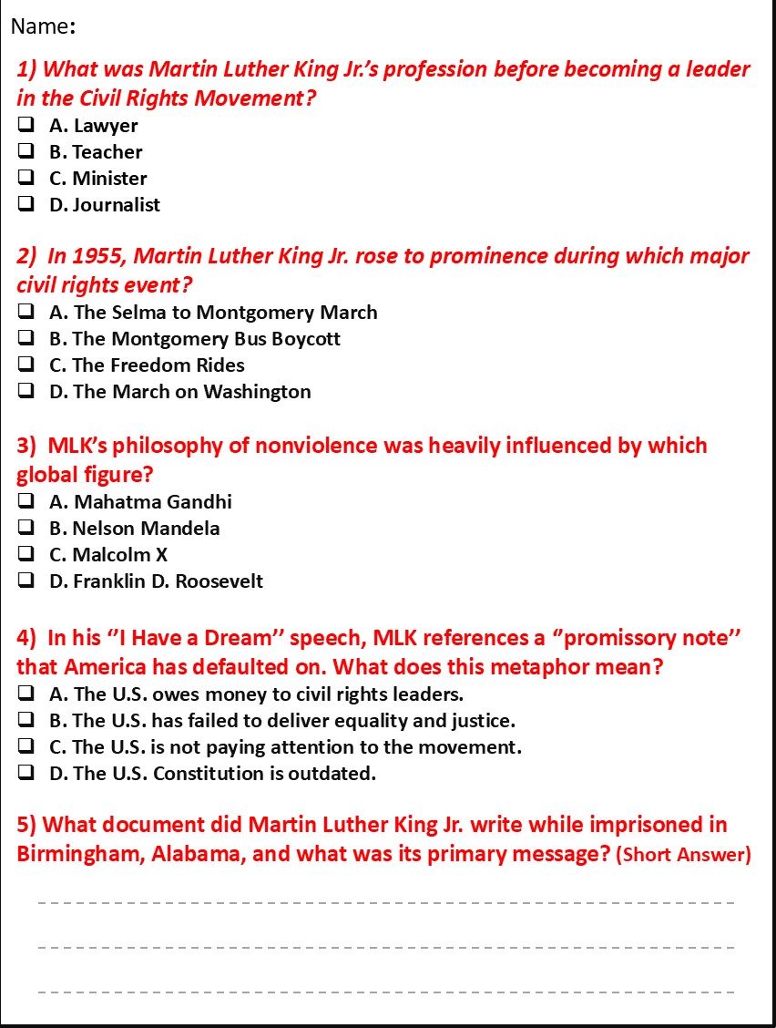Martin Luther King Jr Quiz – High School MLK Day and Civil Rights ...