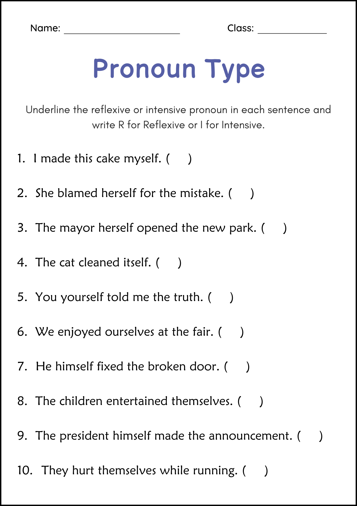 Printable Reflexive and Intensive Pronouns Grammar Worksheets for Grade ...