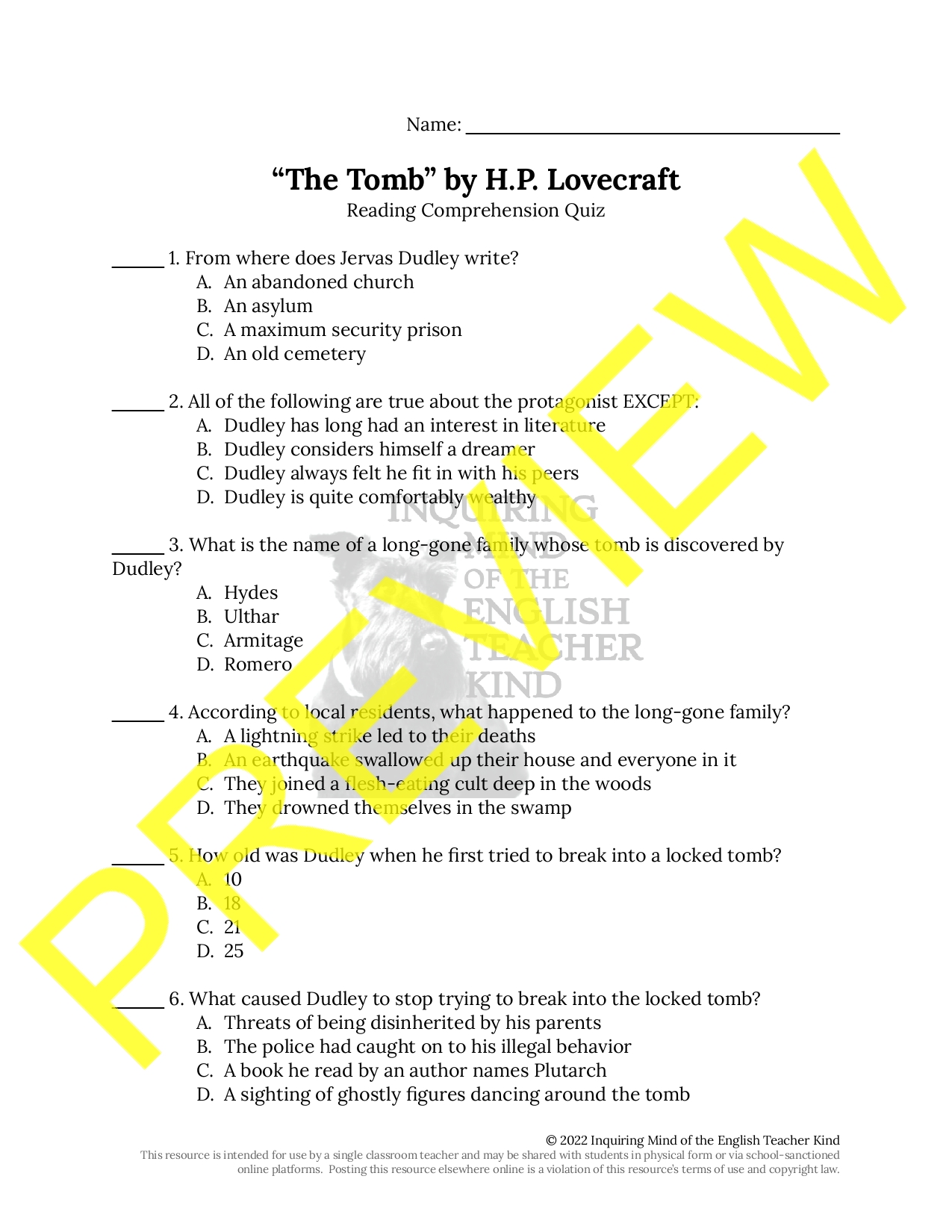 "The Tomb" by H.P. Lovecraft Quiz and Answer Key | Teaching Resources