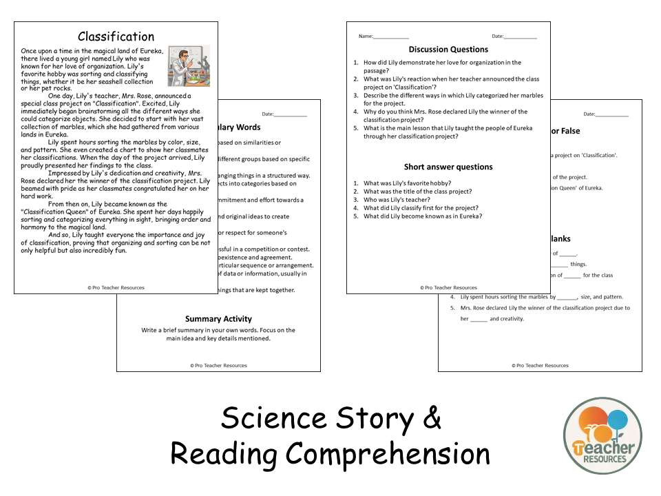 Classification Reading Science Story Comprehension Questions Worksheet ...