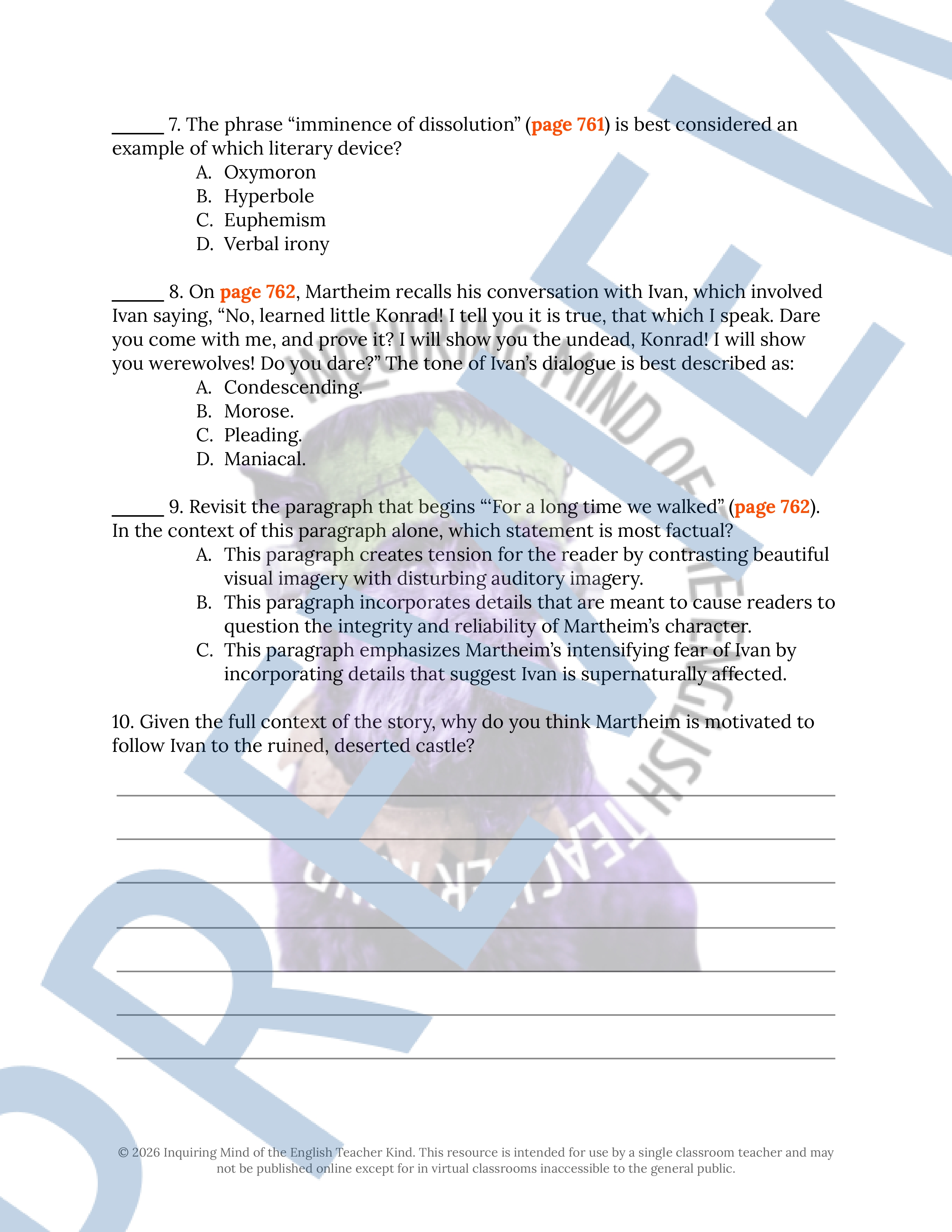 "The Werewolf's Howl" Close Reading Analysis Worksheet | Fantasy Horror ...