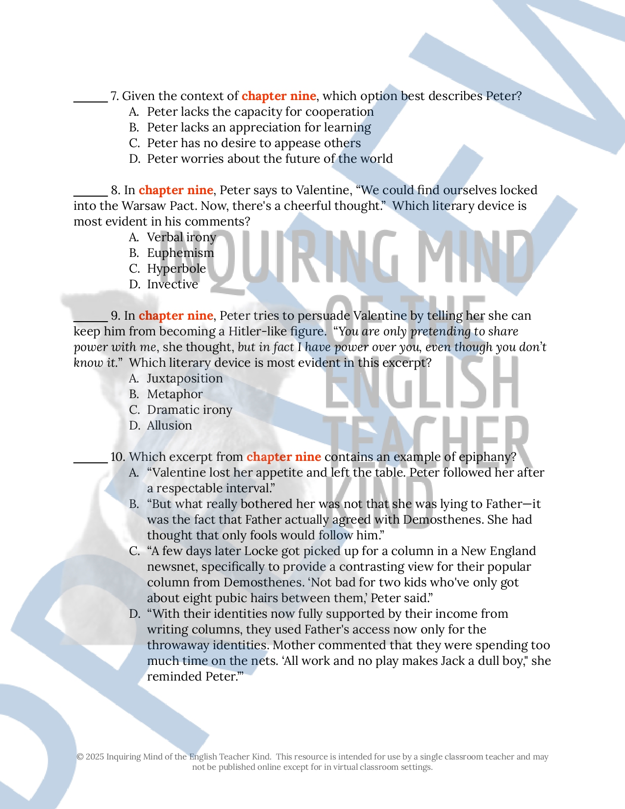 Ender's Game Chapters 9 and 10 Close Reading Analysis Worksheet ...