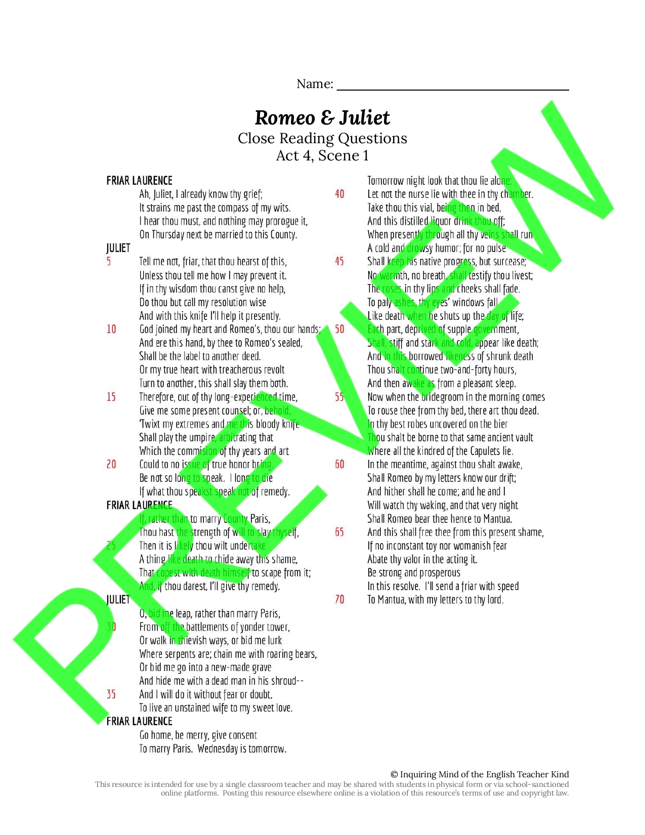 Romeo and Juliet Act 4 Scene 1 Close Reading Worksheet | Teaching Resources