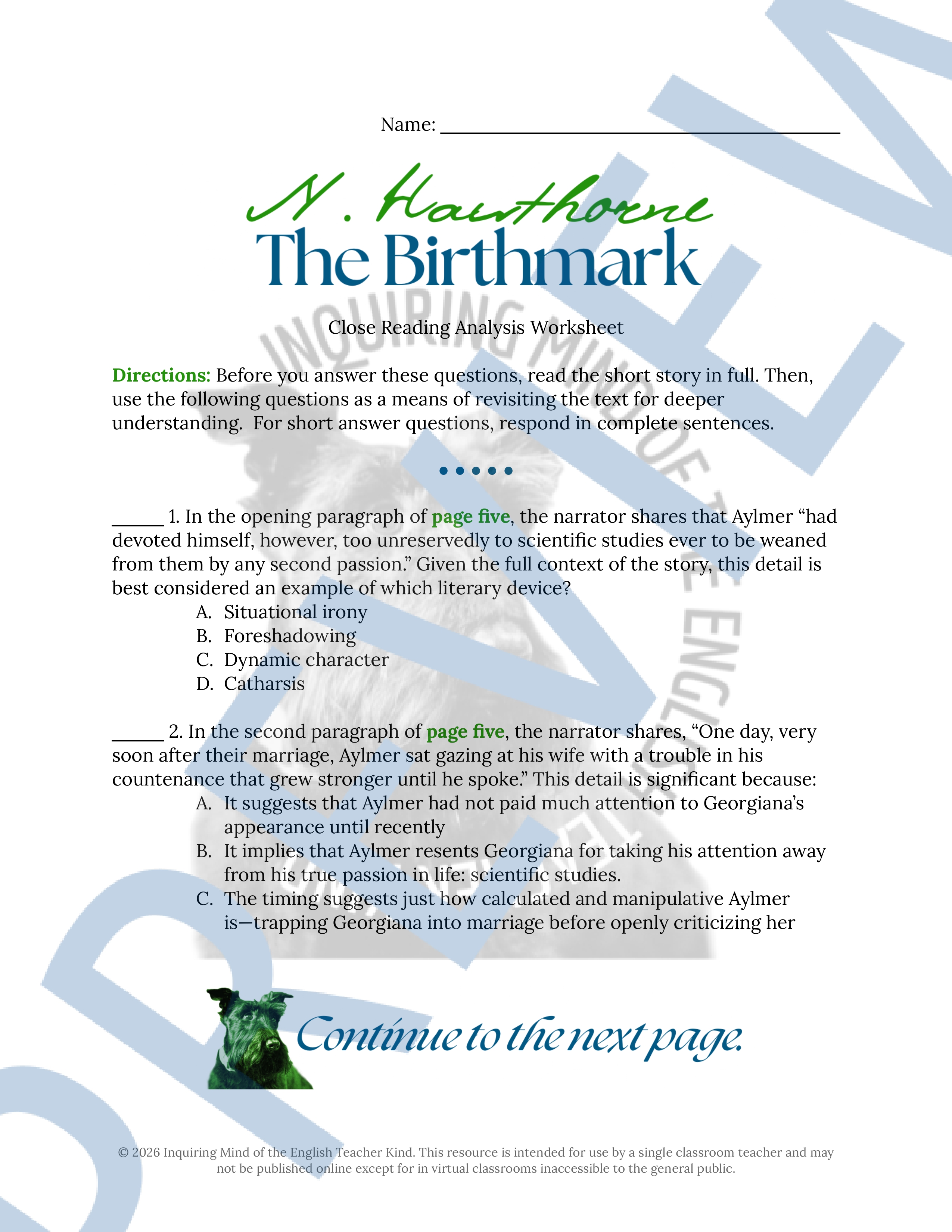 "The Birthmark" by Nathaniel Hawthorne Close Reading Analysis Worksheet ...