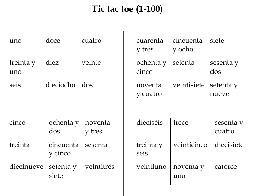 Tic Tac Toe Spanish Numbers 1-100, los números 1-100 | Teaching Resources