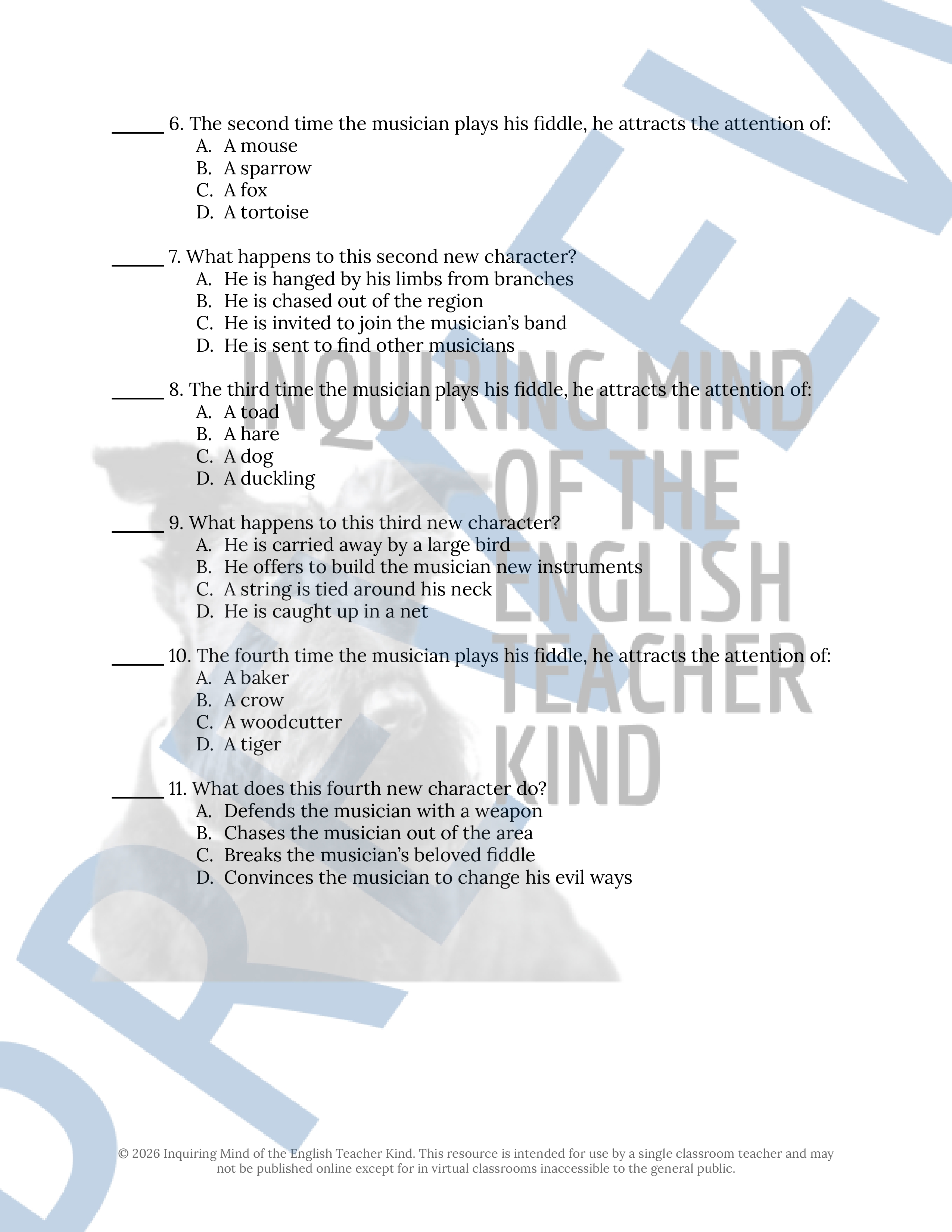 "Wonderful Musician" Quiz and Answer Key | Brothers Grimm Fairy Tale ...