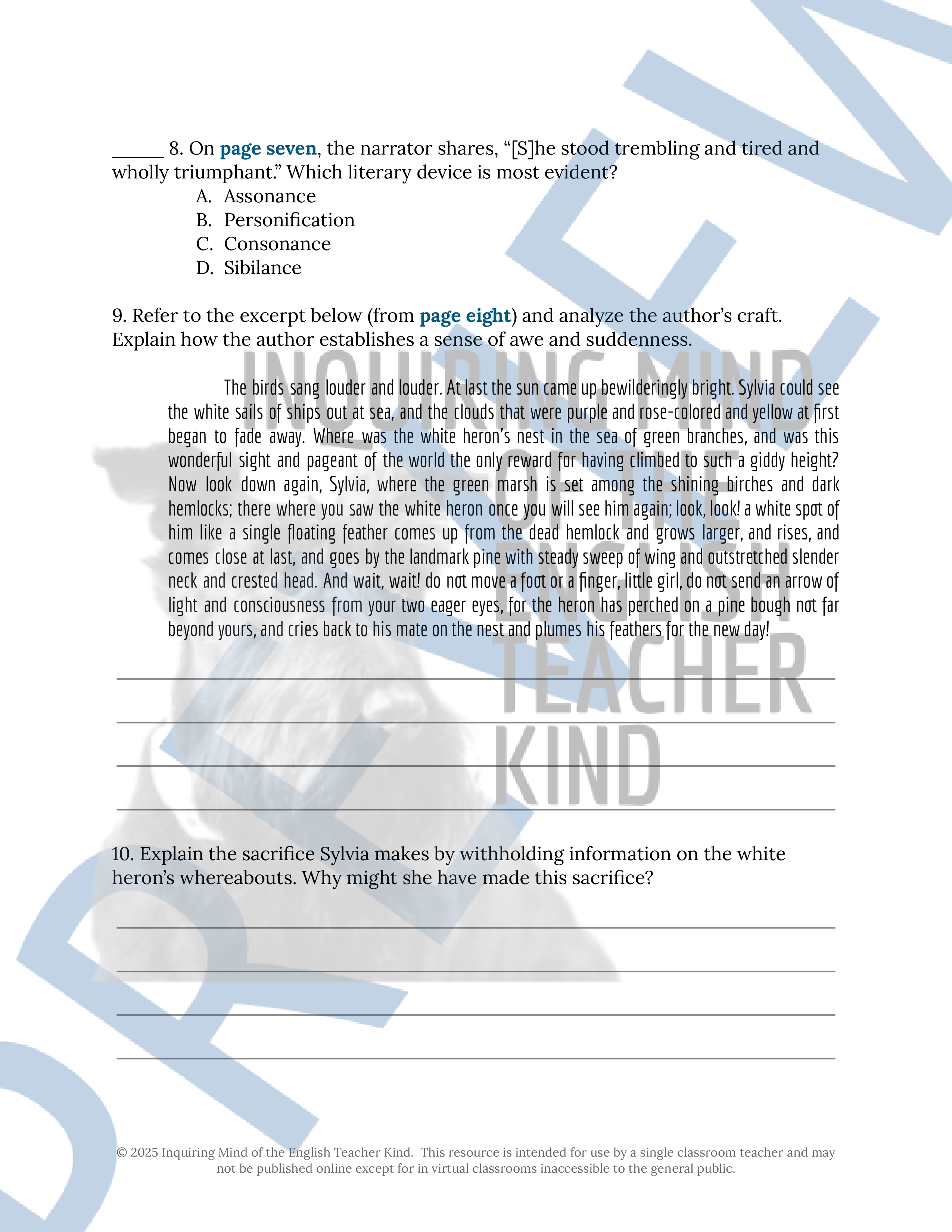 "A White Heron" by Sarah Orne Jewett Close Reading Worksheet and ...