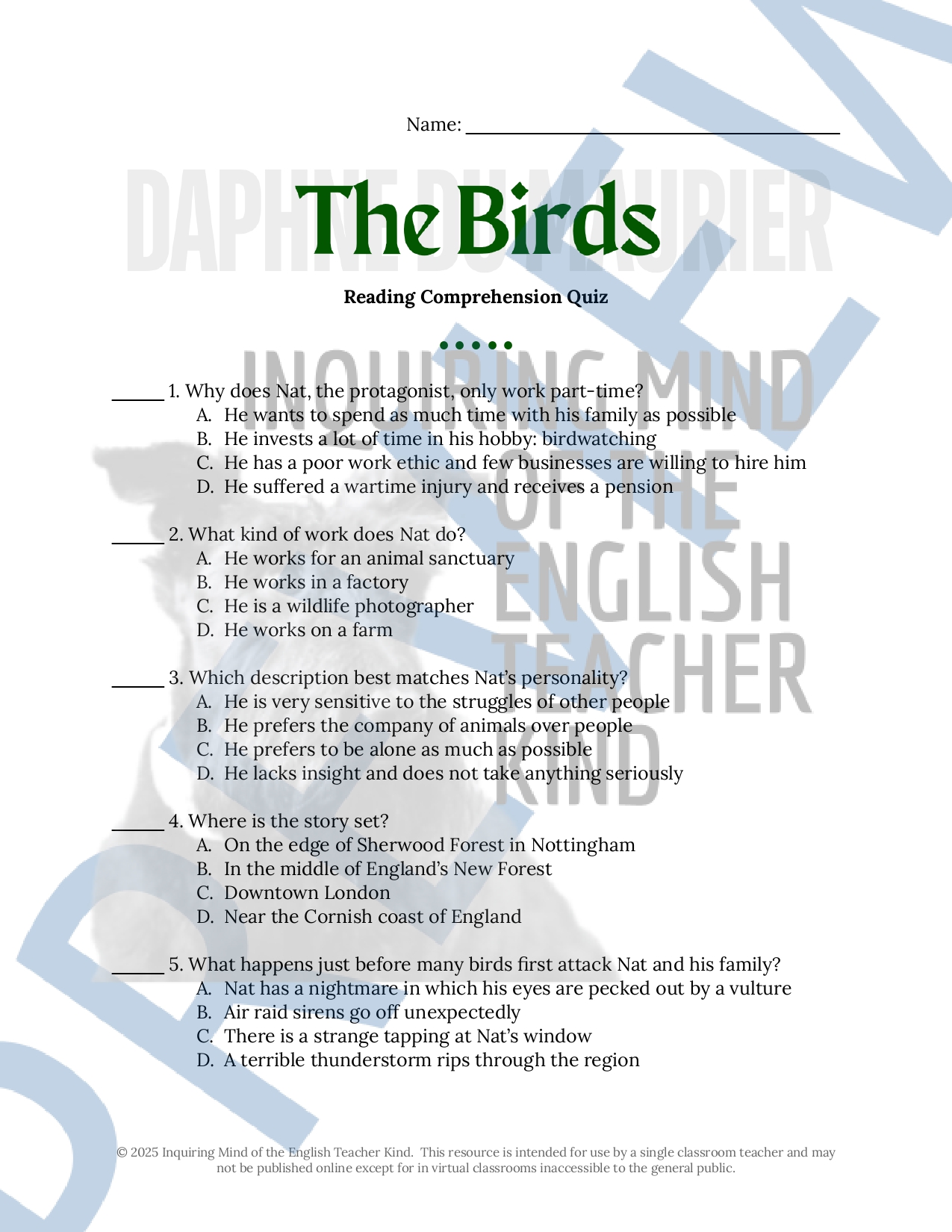 "The Birds" by Daphne du Maurier Quiz and Answer Key | Teaching Resources