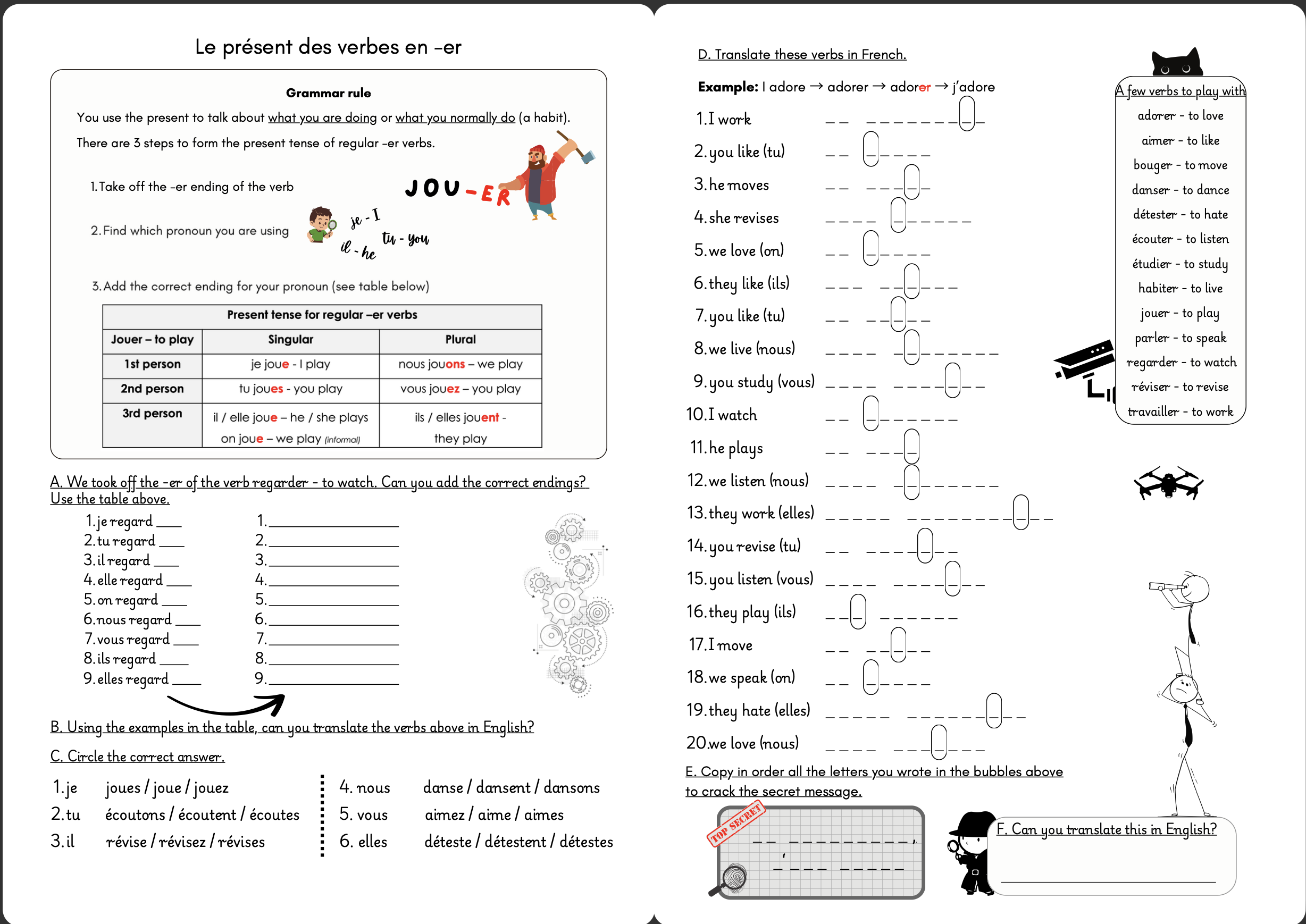 Present tense of -er verbs – KS3 French grammar worksheet | Teaching ...