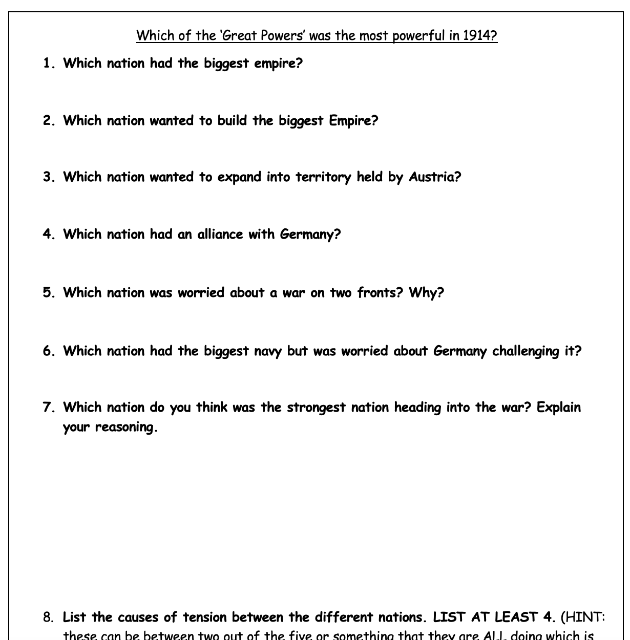 KS3 WW1 causes - 2. Which of the 'Great Powers' was most powerful in ...