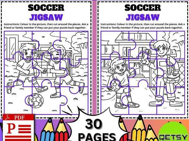 Soccer Jigsaw Coloring Puzzles | 30 Printable Cut and Color Sports ...