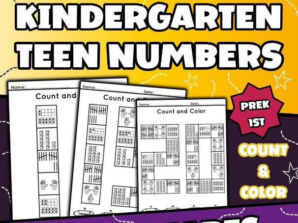 Teen Numbers EYFS-KS1 Color by Number Sense Worksheets 11-20 Count and ...