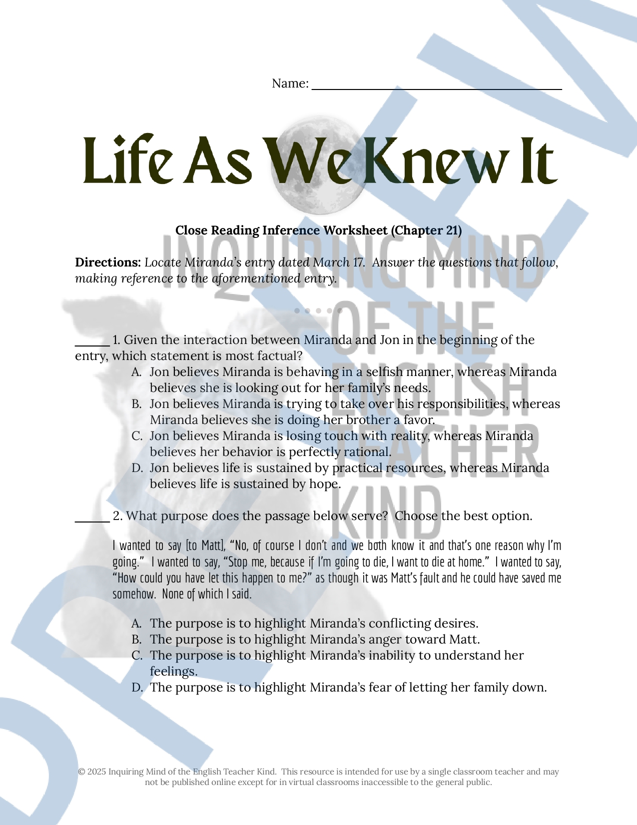 Life As We Knew It Chapter 21 Close Reading Inference Worksheet and ...
