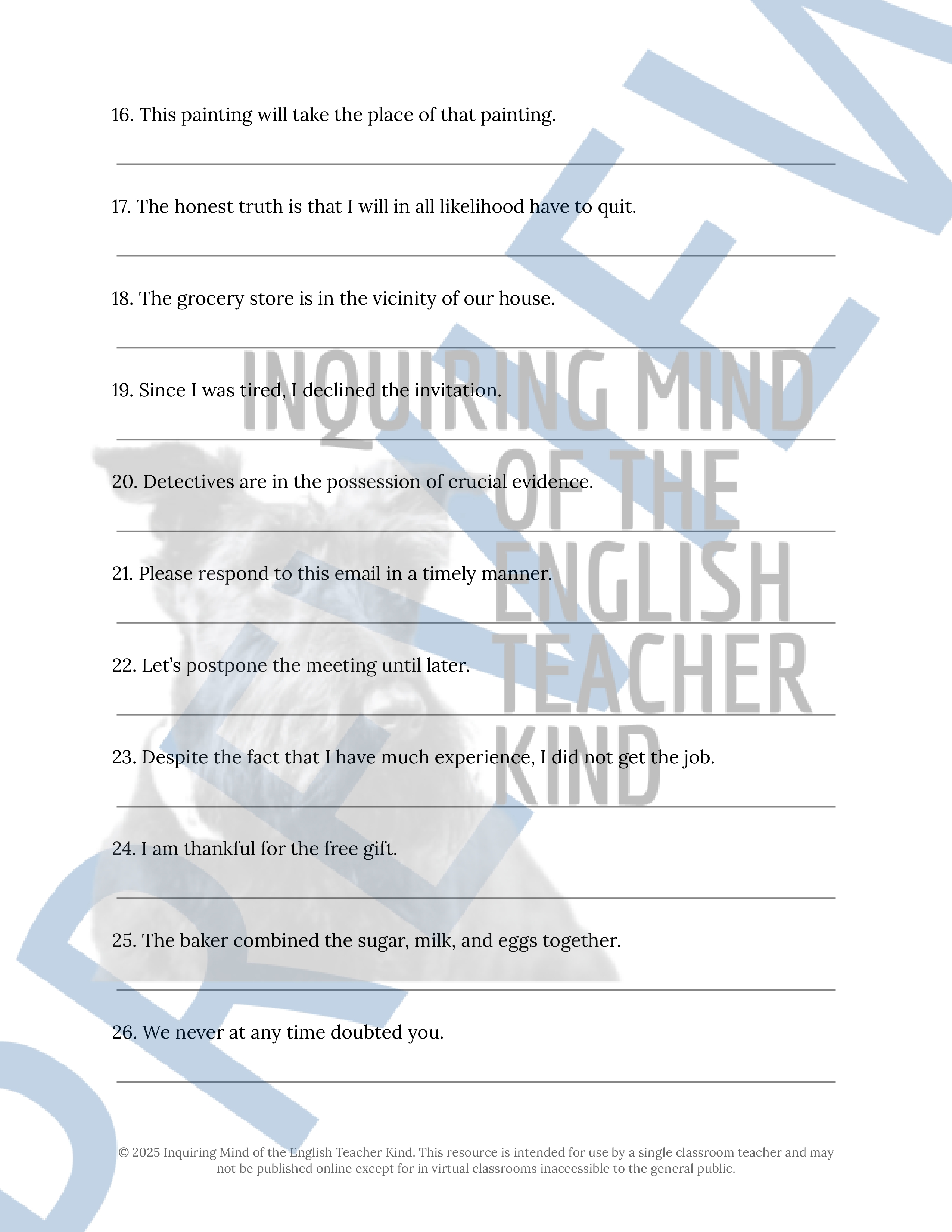 Grammar Worksheet on Wordiness and Repetition | Academic Essay Support ...