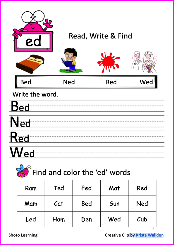 FREE - 'ED' CVC WORD FAMILY BLEND WORKSHEET WORDS FAMILIES READING ...