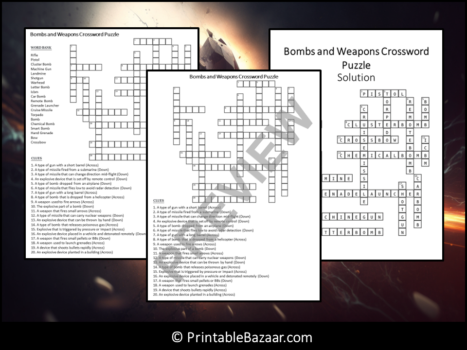 Bombs And Weapons Crossword Puzzle Worksheet Activity Teaching Resources