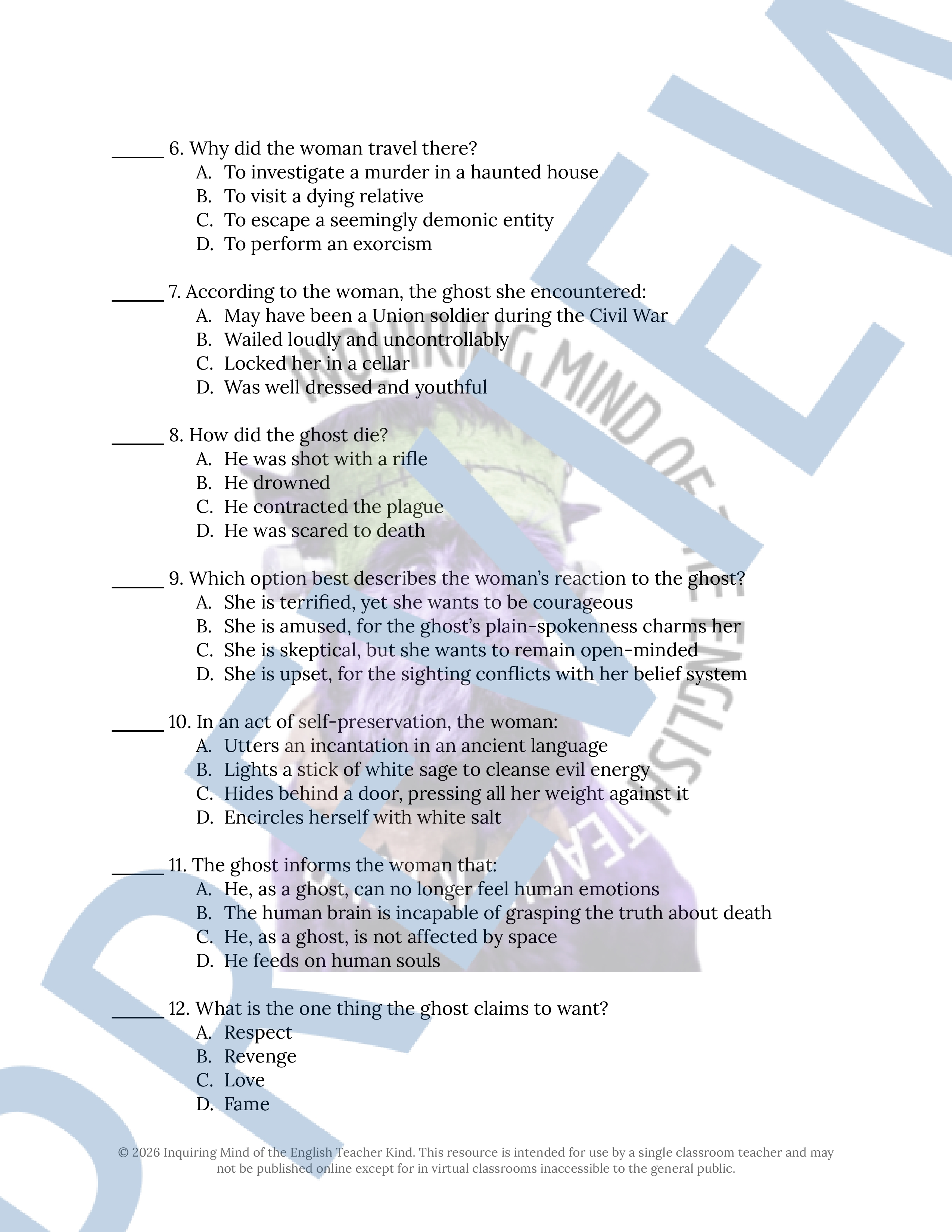 "The Woman's Ghost Story" by Algernon Blackwood Quiz and Answer Key ...